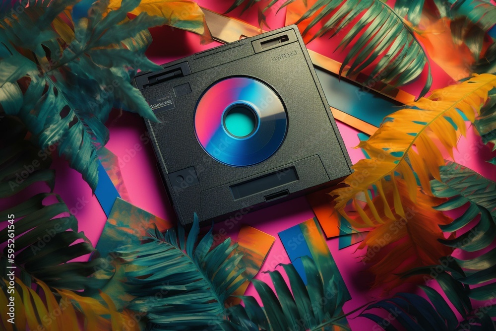 Retro floppy disk with palm from the 90s, forming a modern collage in ...