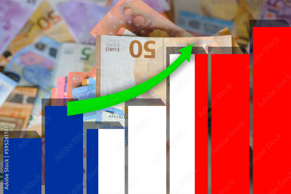 paper euro banknotes, France flag on textured background of graph ...