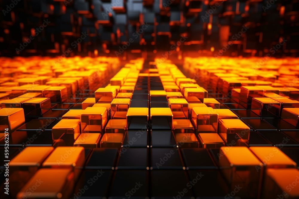Arrangement of shiny orange and yellow blocks in a techy futuristic ...