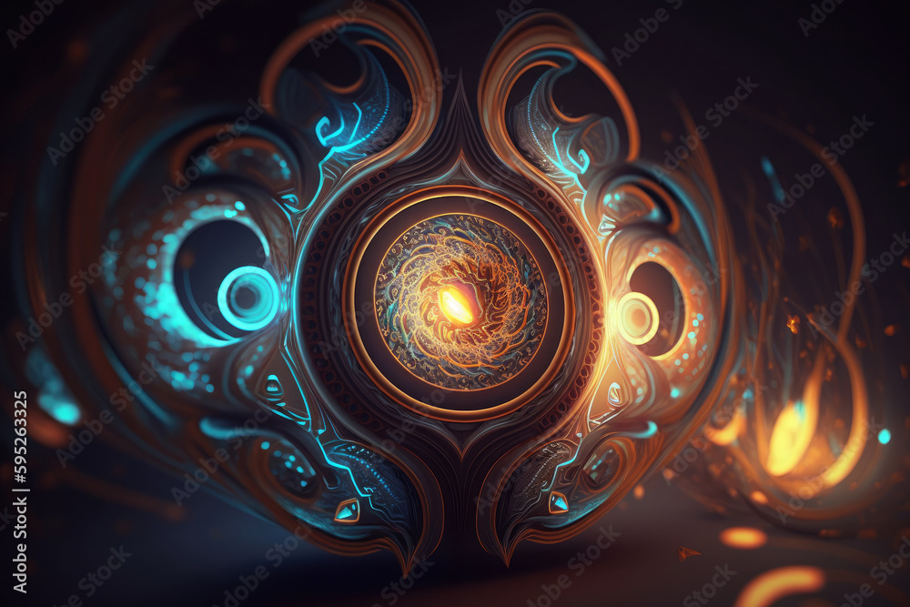 Cosmic trance and hypnosis concept of glowing details in digital neural ...