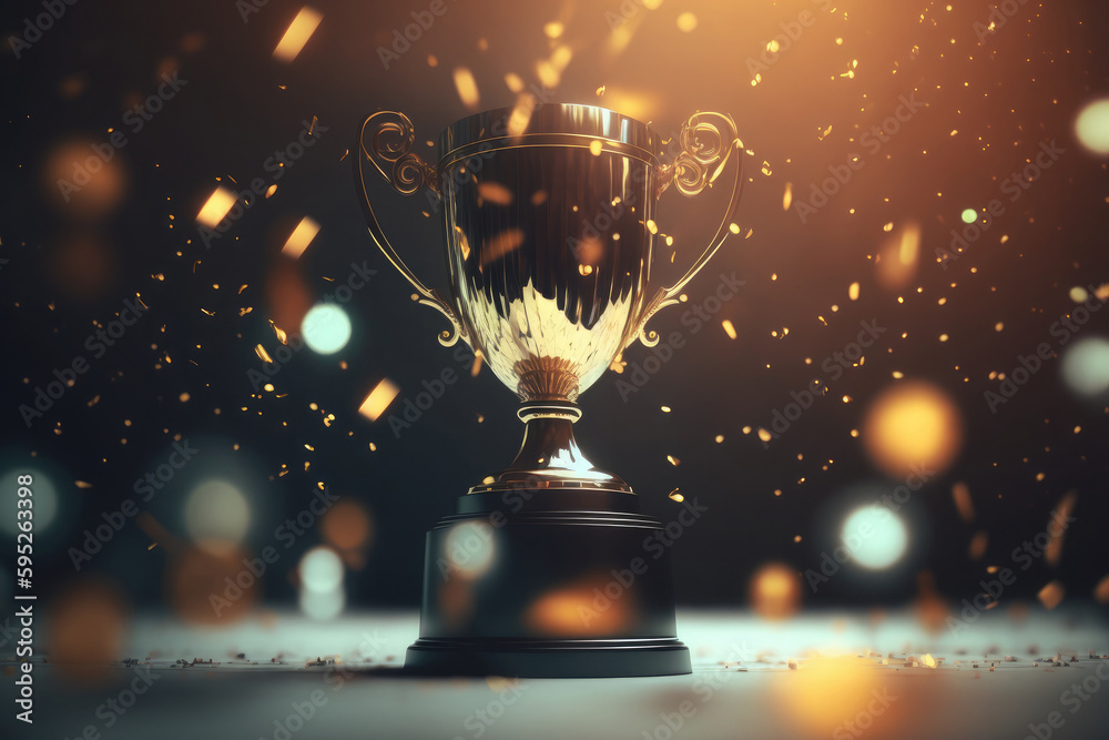 Golden champion trophy cup winner on blur bokeh dark lights background ...
