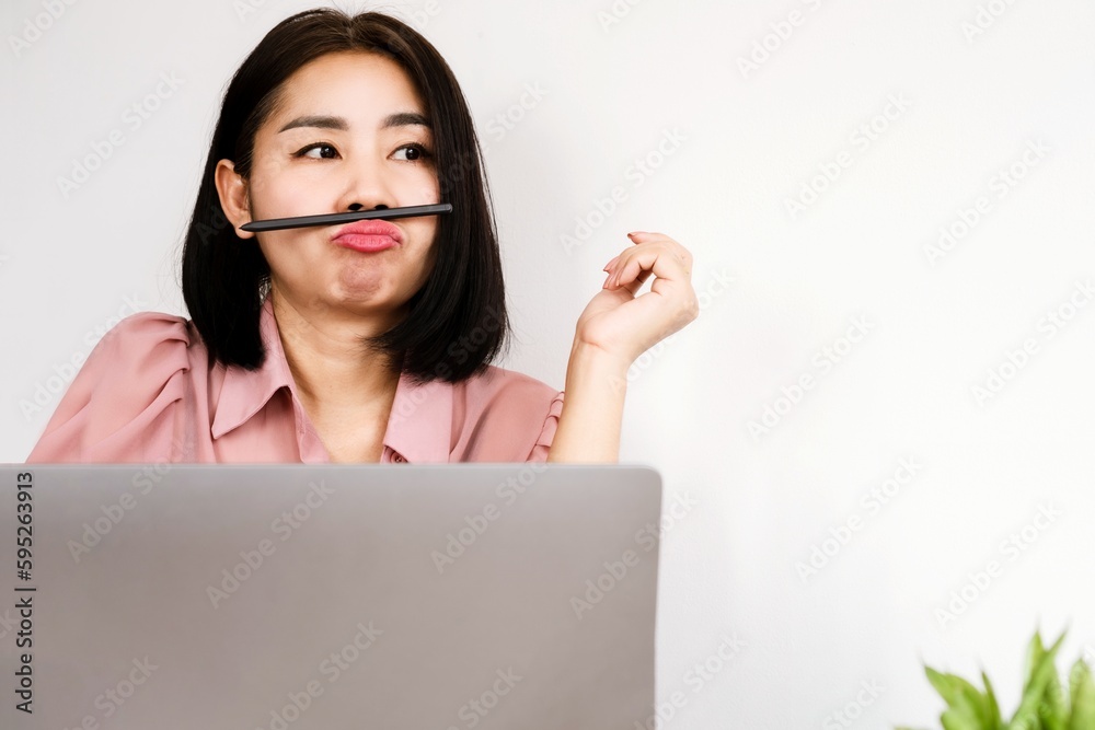 laziness at work concept with Asian worker woman have no motivation and ...