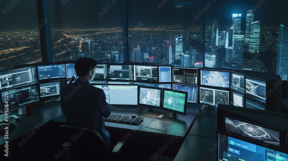 Busy control room monitoring futuristic smart city with AI, 5G, IoT ...