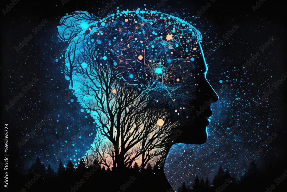 Meditation concept with human head silhouette glowing esoteric neurons ...