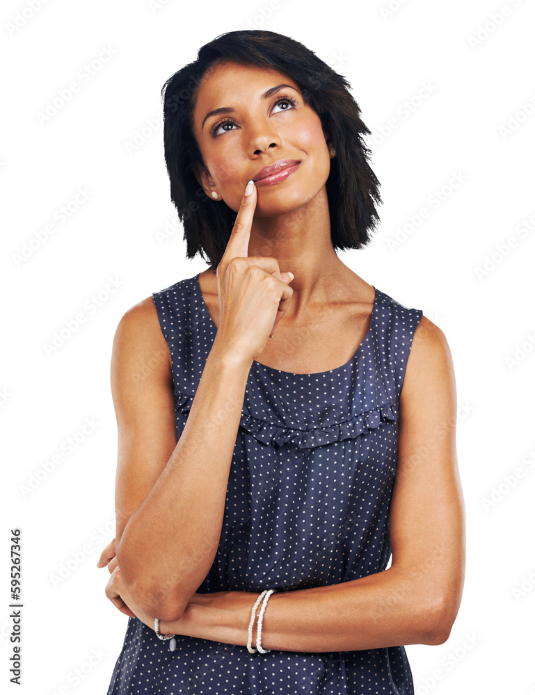 Woman, thinking and happy memory with planning solution, ideas and ...