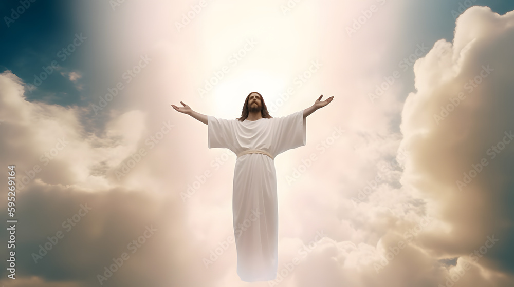 The resurrected Jesus Christ ascending to heaven above the bright light ...