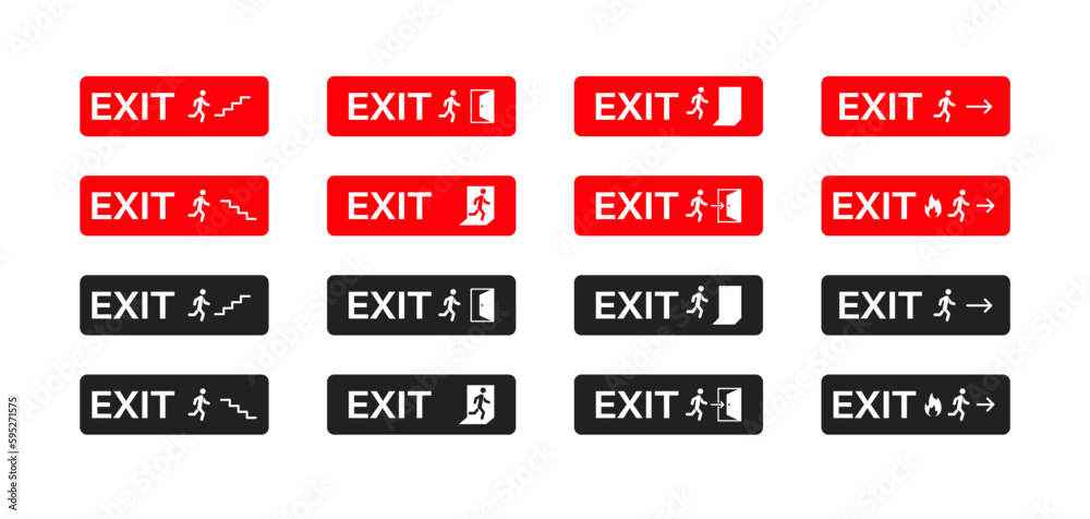 Emergency exit icon set with human figure, doors, stairs and arrows ...