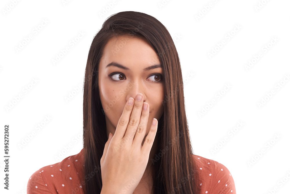 Wow, shock and woman with hand on mouth for surprise news isolated on transparent, png ...