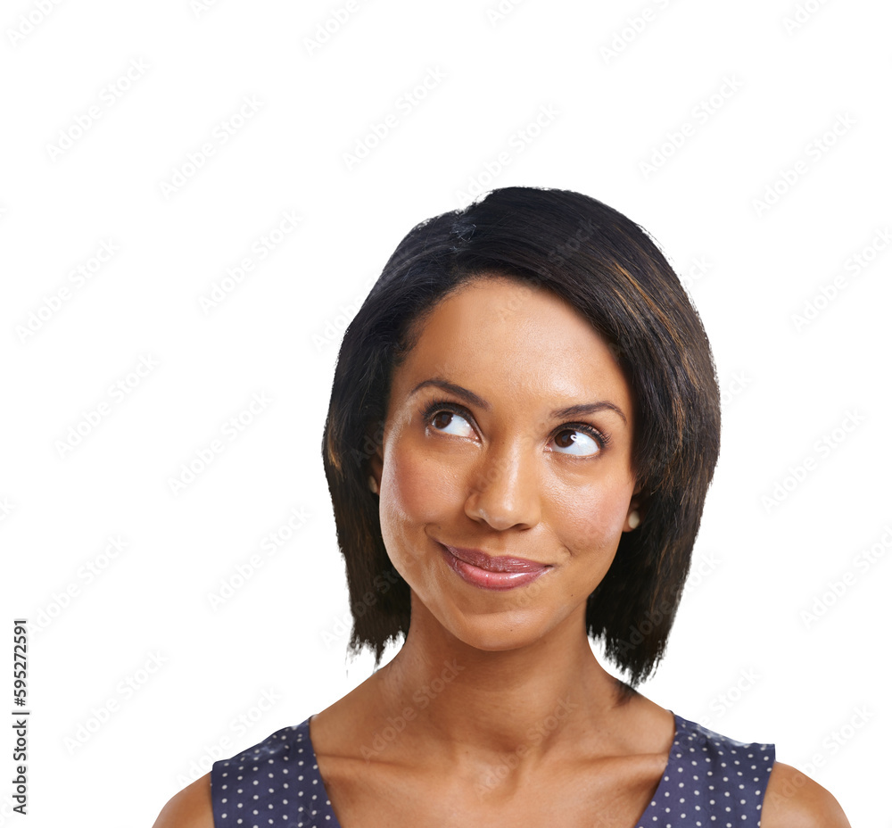 Thinking, smile and woman with idea and decision, choice or brainstorm ...