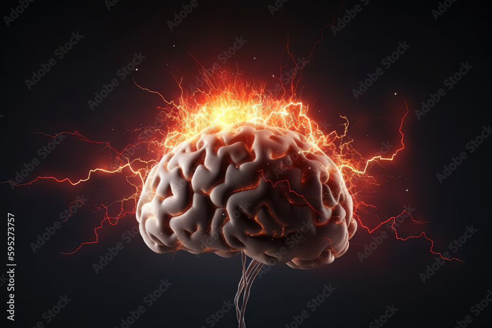 Human brain with lightning, brainstorming, psychological pressure and ...