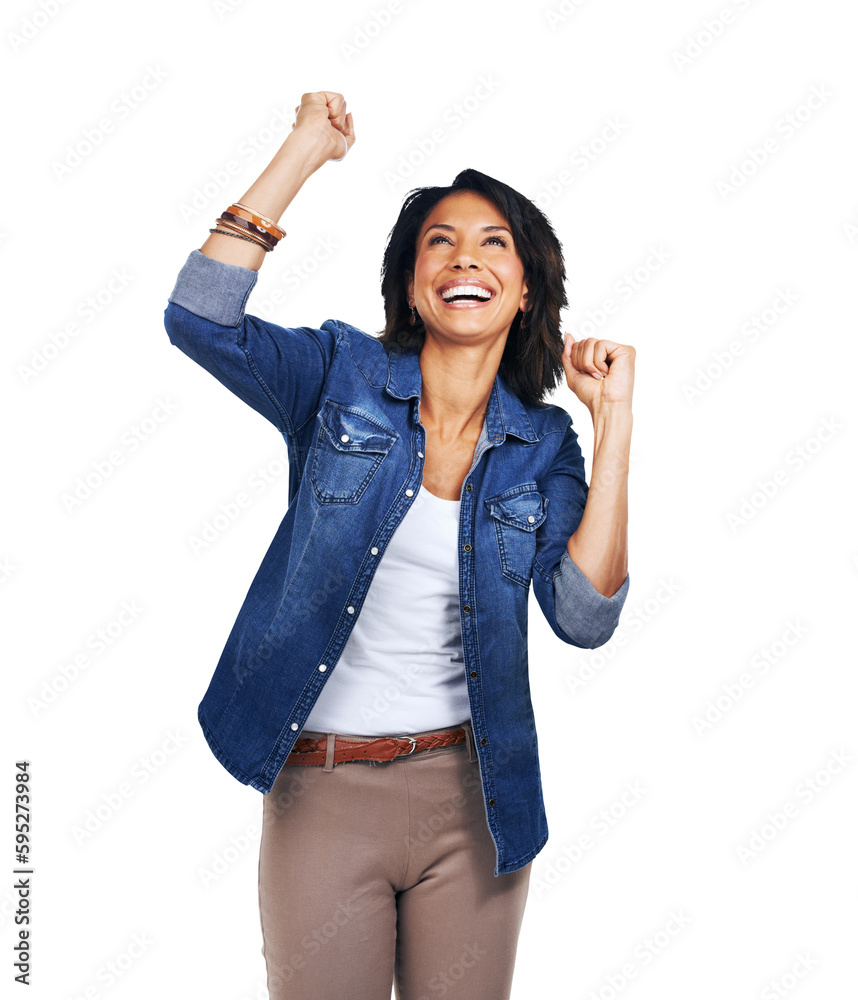 Success, happy woman and winning fist dance in celebration on isolated ...