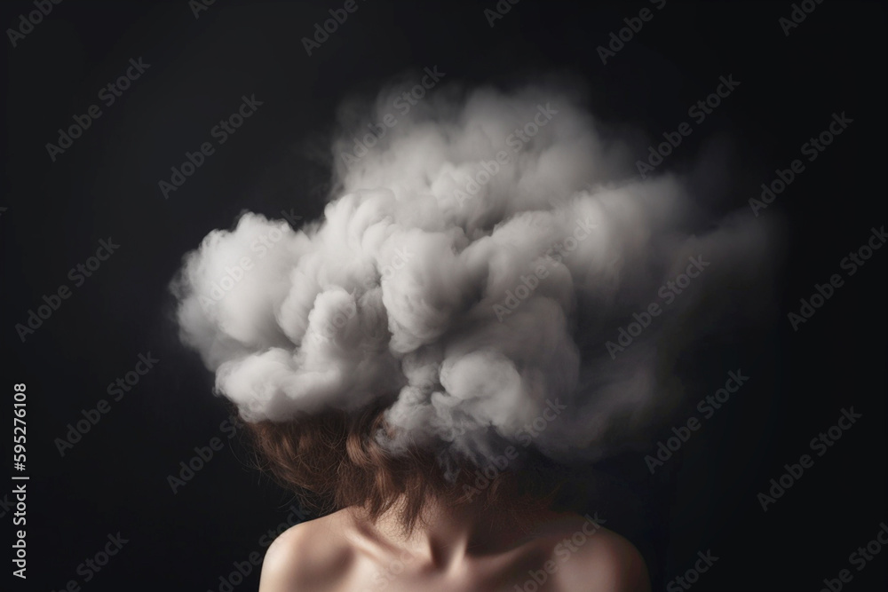 Young woman with her head in cloud. Depression, loneliness and mental ...