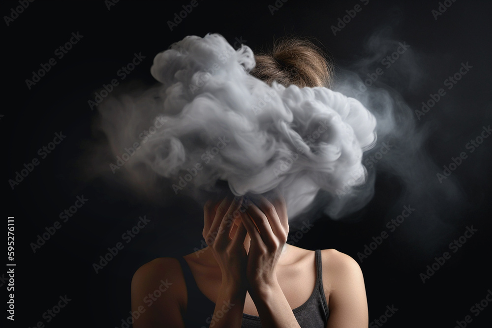 Young woman with her head in cloud. Depression, loneliness and mental ...