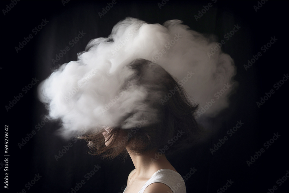 Foto de Young woman with her head in cloud. Depression, loneliness and ...