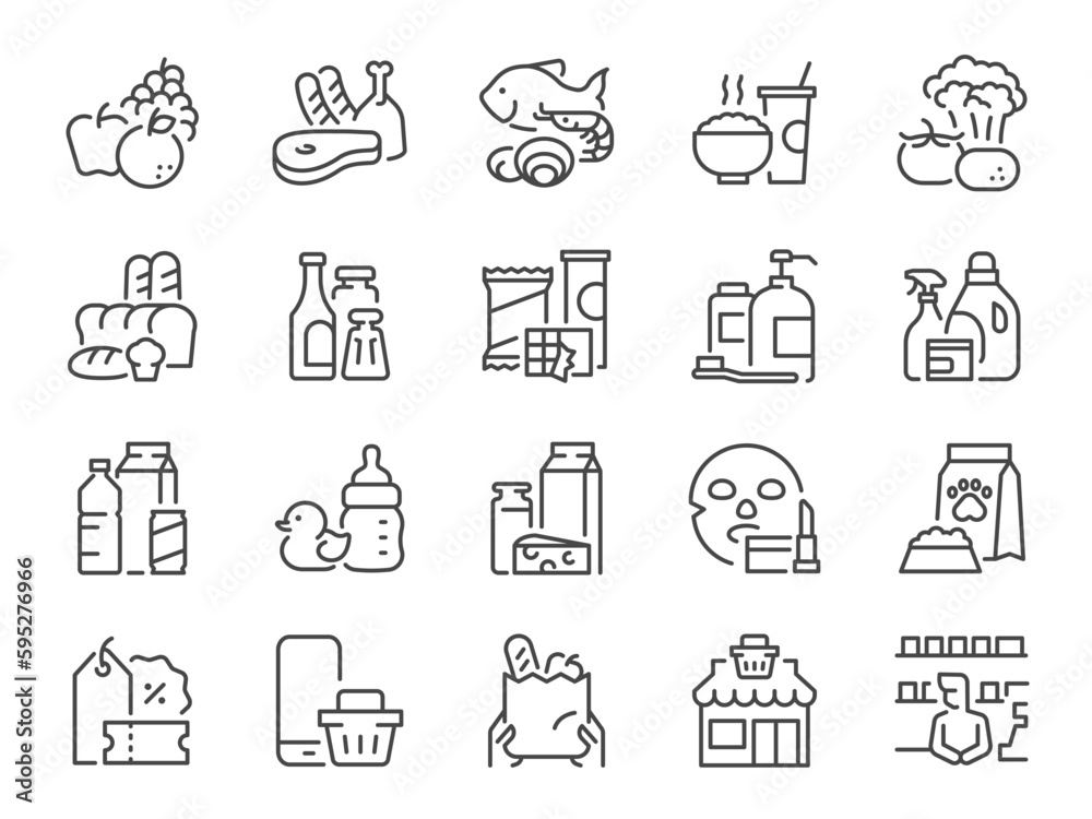 Grocery types icon set. It included a Grocery shop, store, supermarket ...