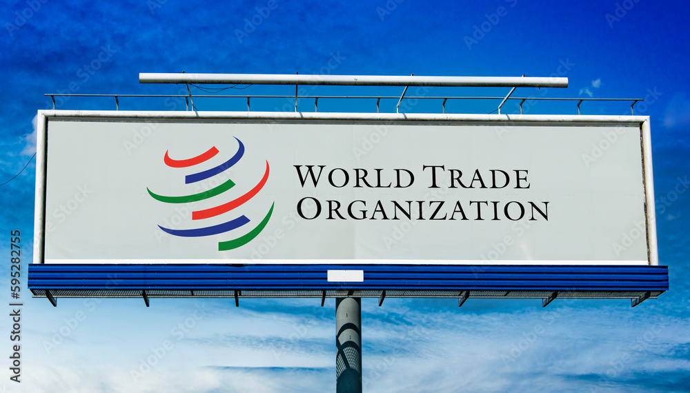 Billboard displaying logo of The World Trade Organization Stock Photo ...