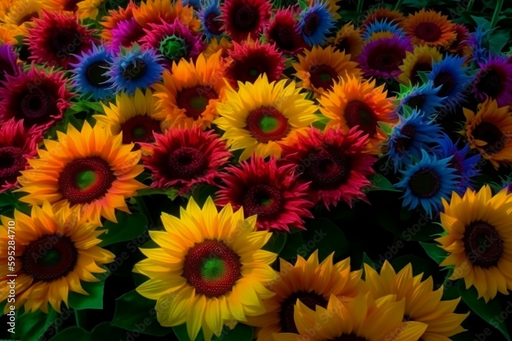 Meadow of Colorful rainbow multi colored sunflowers, desktop background ...