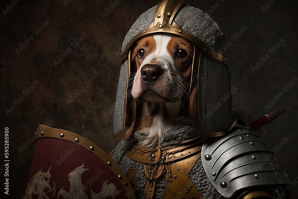 Dog dressed as a medieval knight, created with Generative AI technology ...