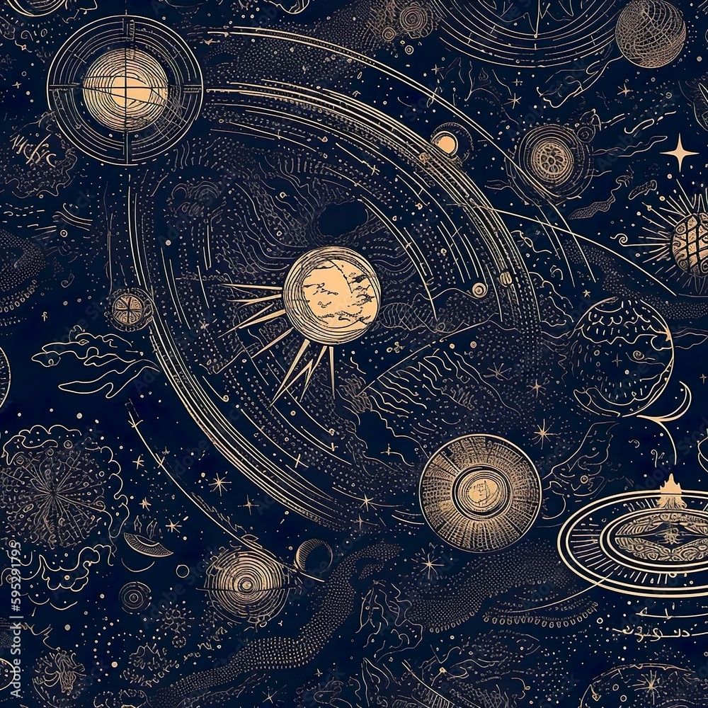 A mesmerizing, seamless pattern filled with celestial elements ...