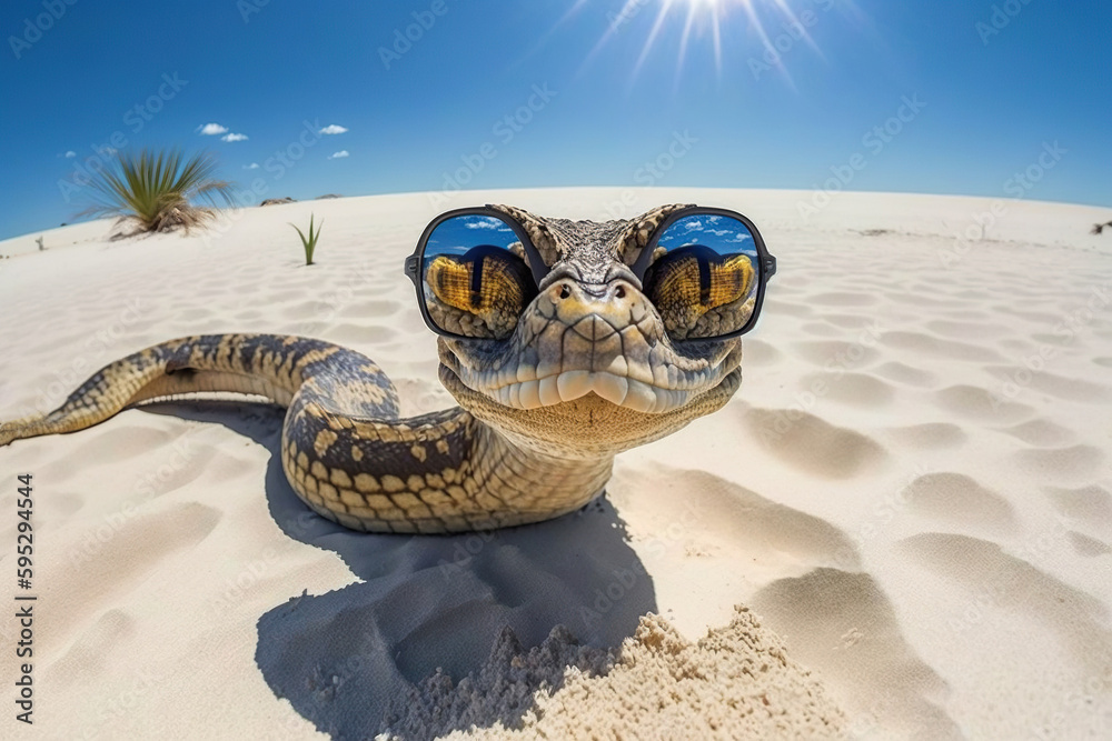 Happy cobra in sunglasses stands on the beach and sunbath, created with ...