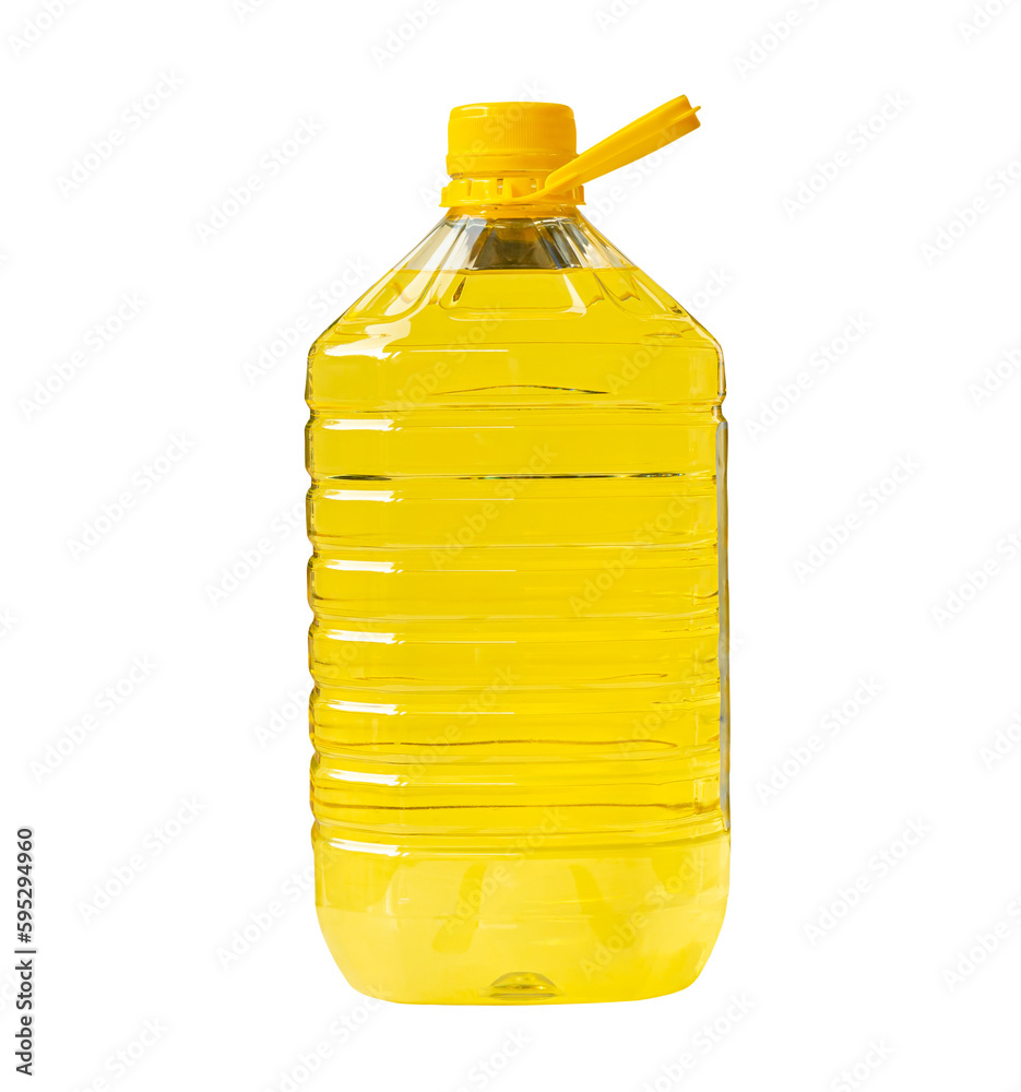 Yellow cooking oil in big plastic bottle isolated on white background ...