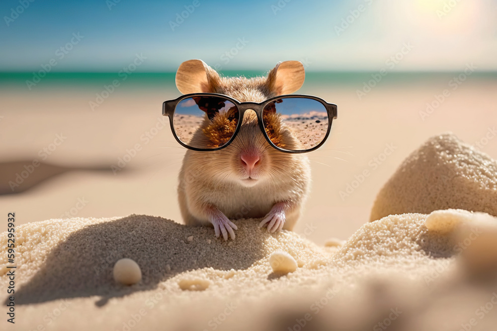 Happy mouse in sunglasses stands on the beach and sunbath, created with ...