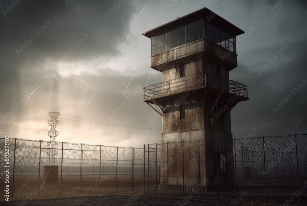 barbed wire and prison watchtower created with Generative AI technology ...