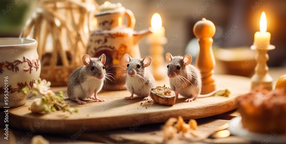 Cute mice family having dinner in a rural kitchen. Created with ...