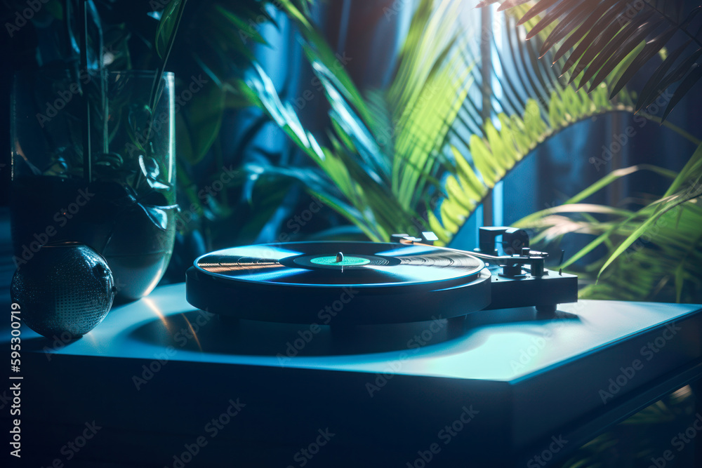 Stylish turntable setup in a modern, trendy interior featuring neon ...