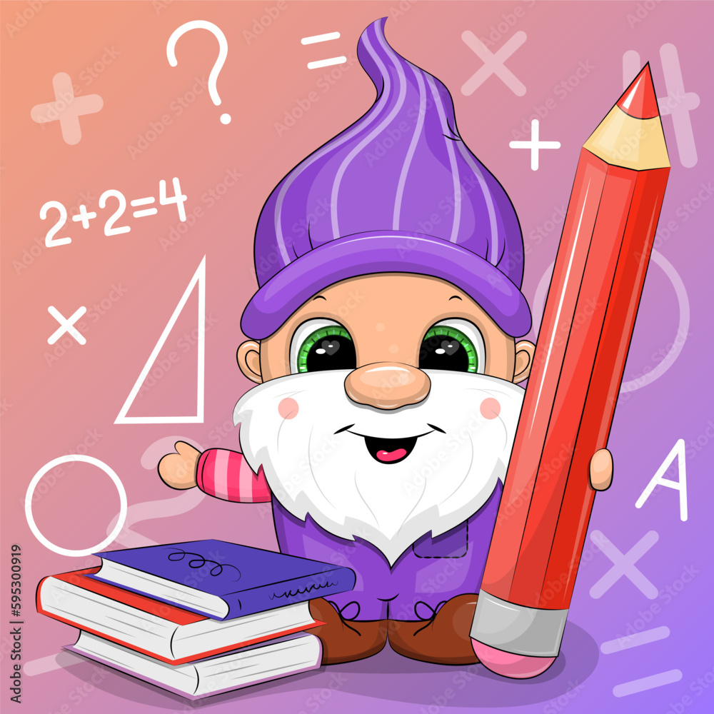 Cute cartoon gnome with a big red pencil and books. School vector ...