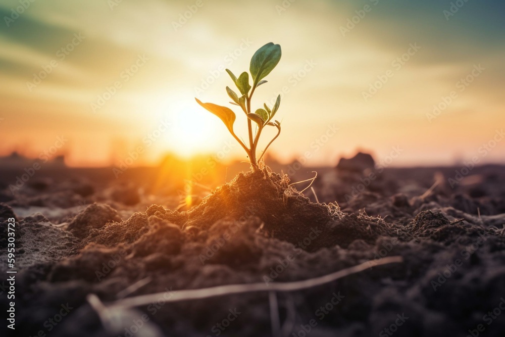 Green sprout growing from soil with sunrise sky background. Symbolic of ...