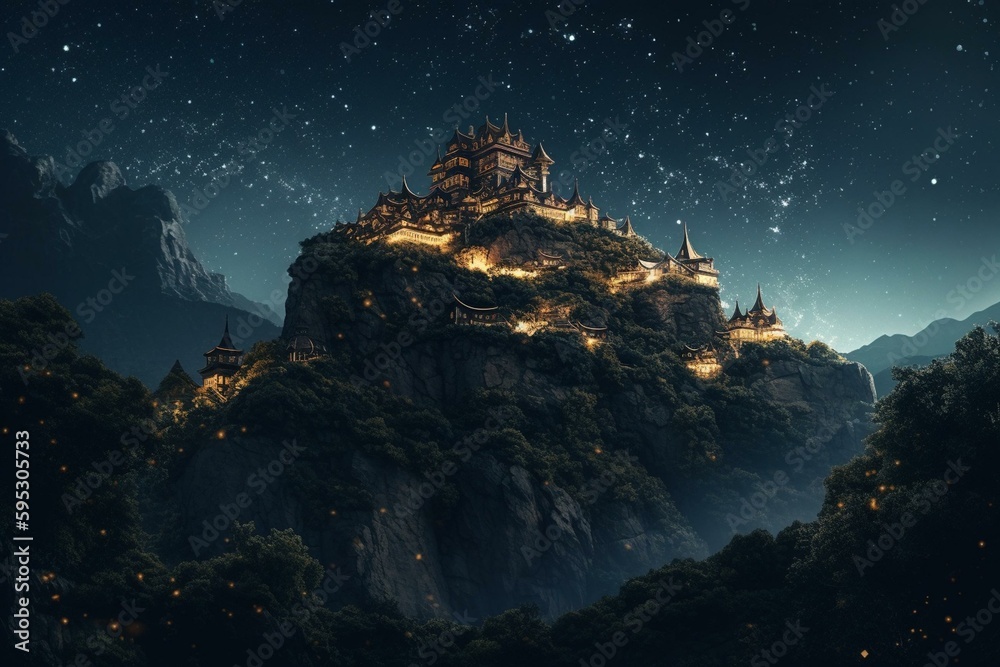 Illustrated paper design of a starry sky above a fantasy world of ...