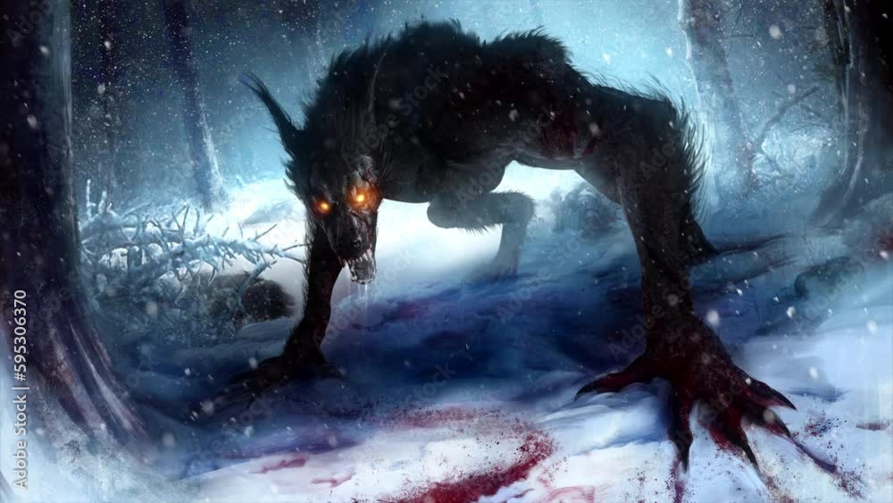 sinister werewolf, bared his bloody teeth, is on all fours, in the ...