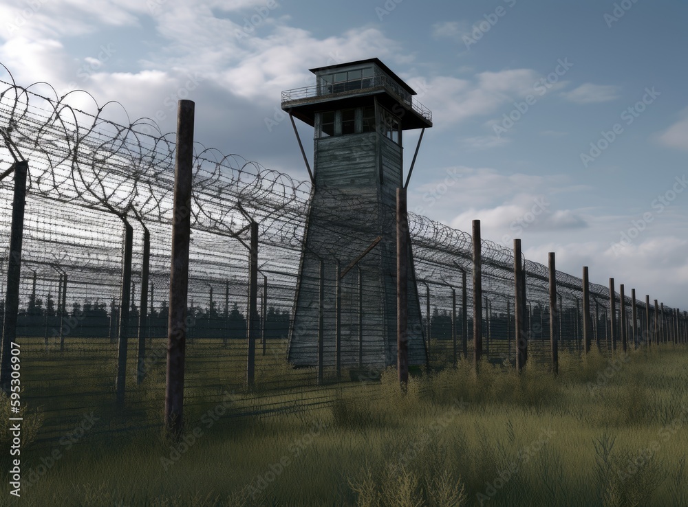 barbed wire and prison watchtower created with Generative AI technology ...