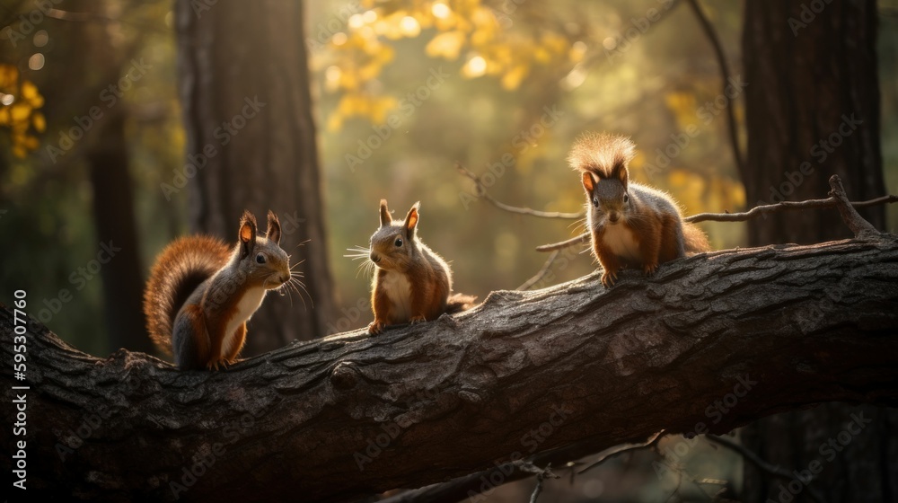 Three squirrels on a tree branch in the forest. Generative AI ...