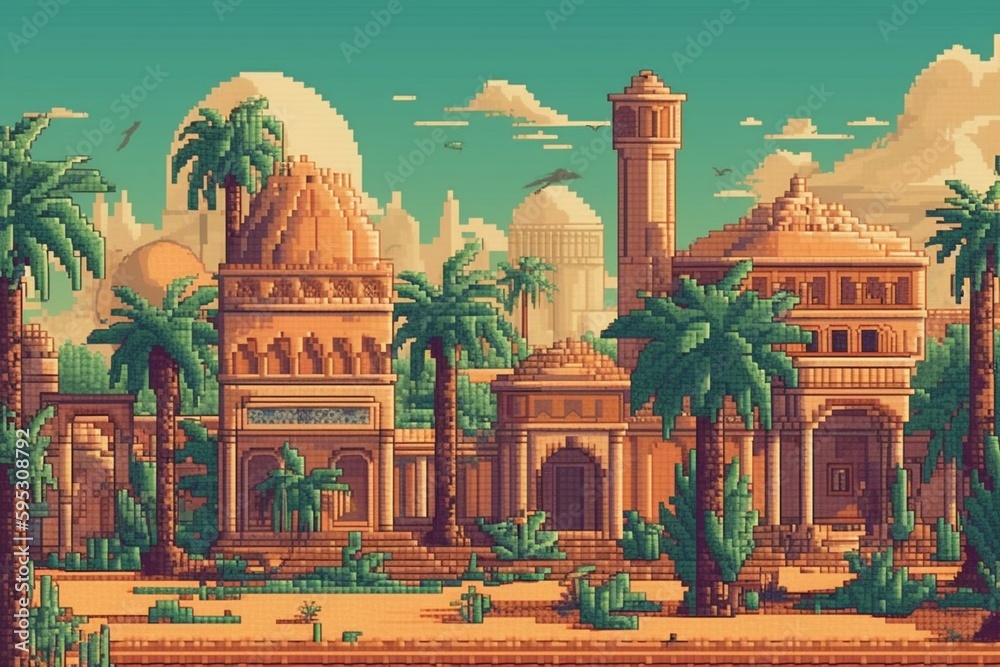 Pixel art city in the desert with ancient Arabic buildings and palm ...