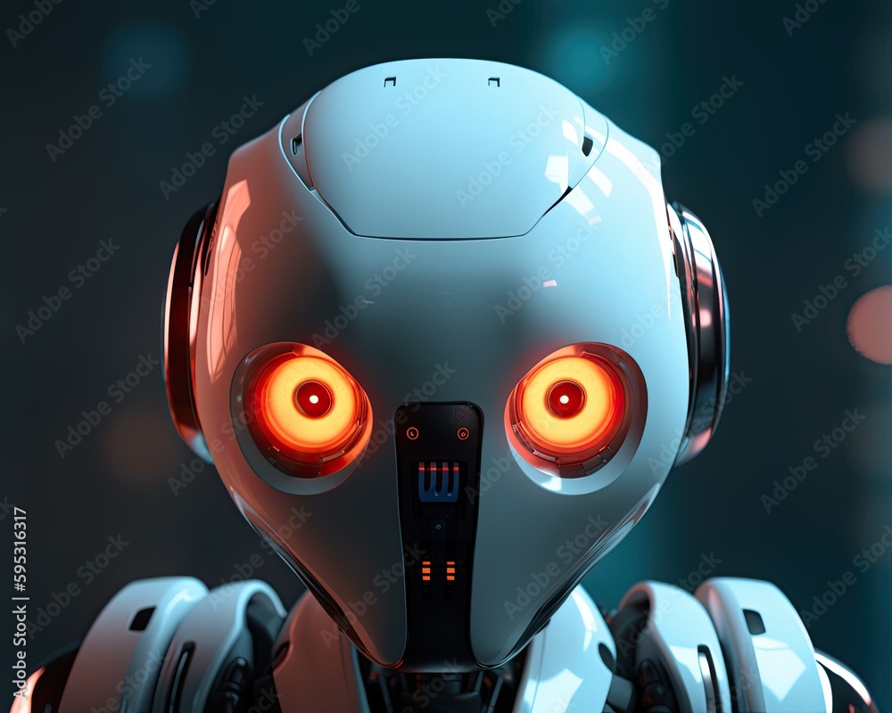 ภาพประกอบสต็อก Face of a robot with glowing red eyes created using generative AI tools ภาพ ...