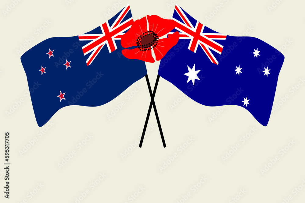 Anzac Day Memorial Day Australia New Zealand flag with poppy background vector illustration ...