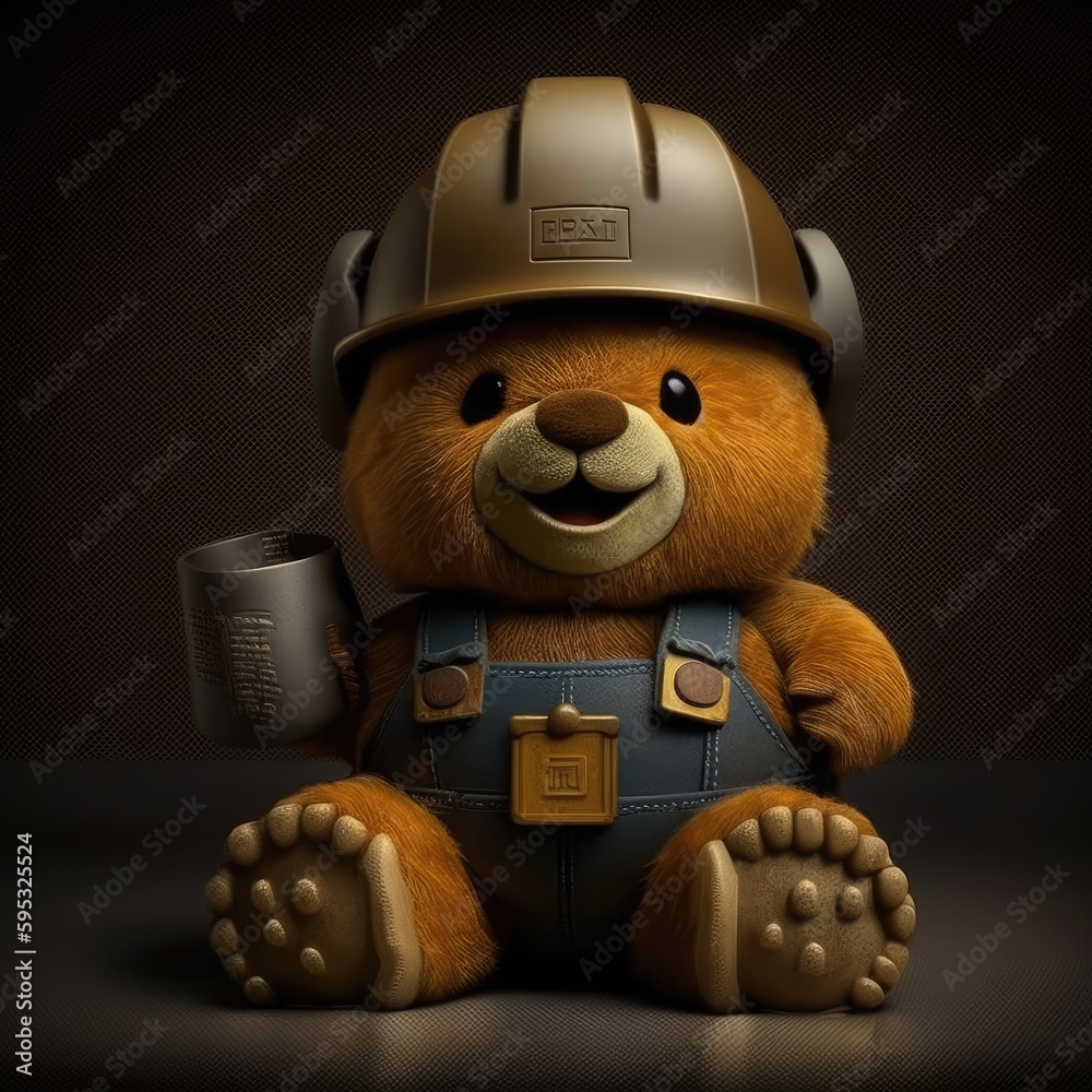 cute Teddy Bear wearing a miners helmet in front of a studio background ...
