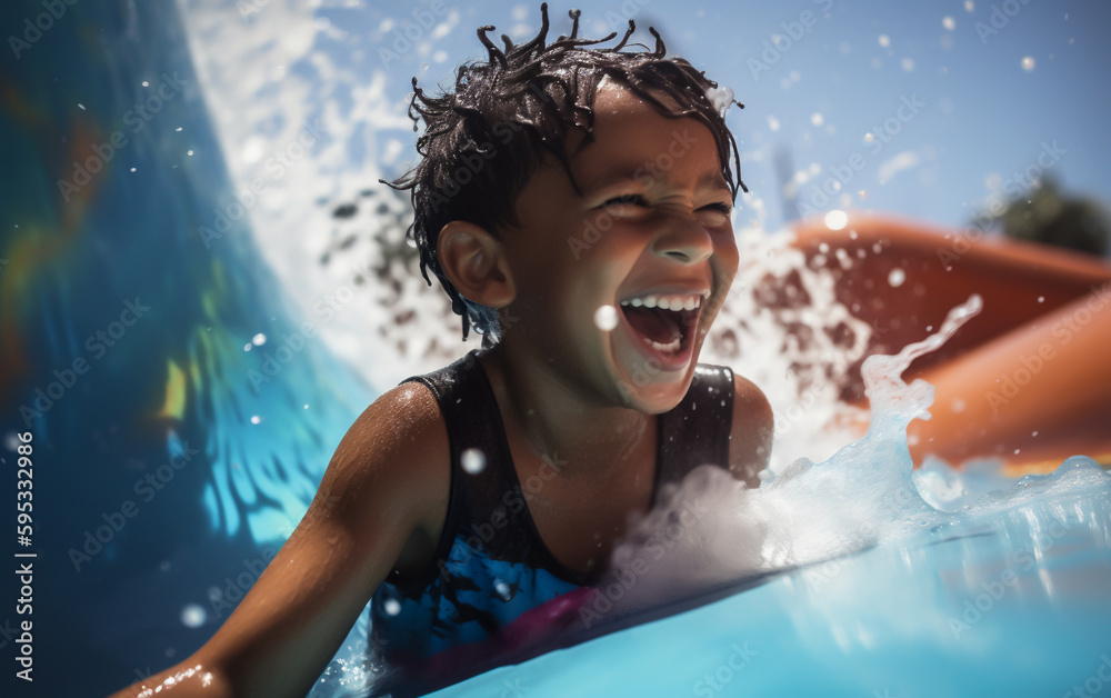 Child enjoys a waterslide, splashing into the water, summer fun, water ...