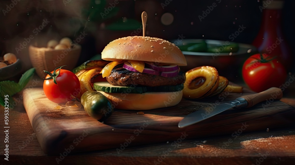 Cooked delicious realistic burger on a skewer and grilled baked ...