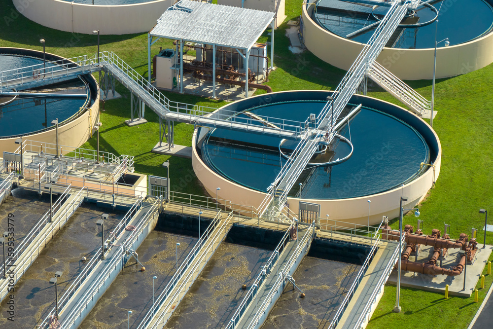 Aerial view of modern water cleaning facility at urban wastewater ...