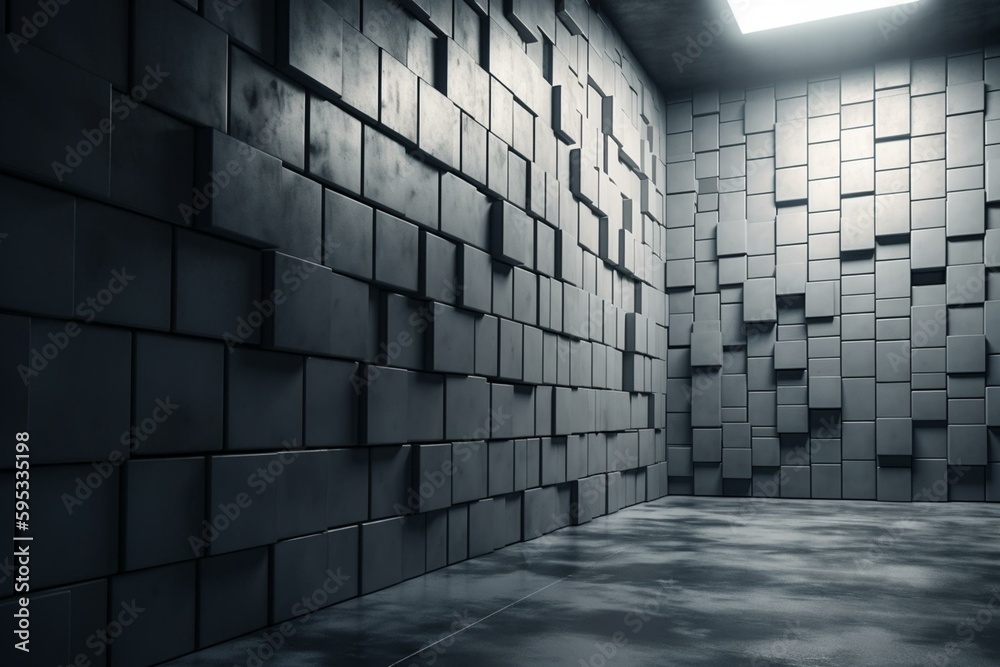 Futuristic polished concrete wall with square tiles, 3D blocks ...