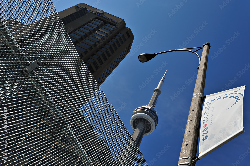 TORONTO-JUNE 23: A fence made of expanded metal (chain link and modu ...