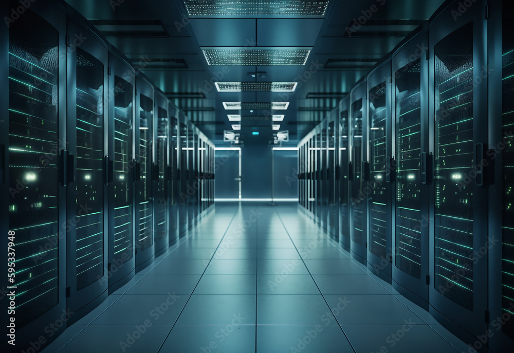 Shot of Data Center With Multiple Rows of Fully Operational Server Racks. Modern ...