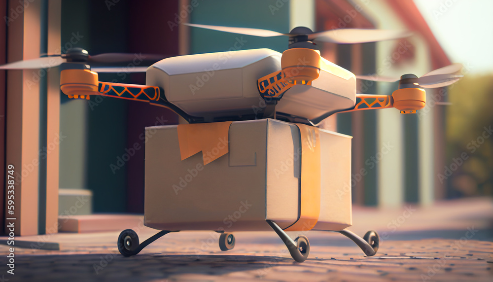 Drone delivery delivering parcel package into urban city. UAV drone ...