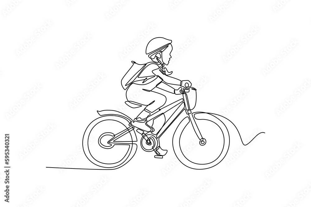 Single one line drawing happy girl riding a bike with helmet. World ...