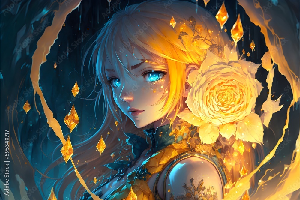 A yellow rose among melting ice surrounded by flames in the center of ...