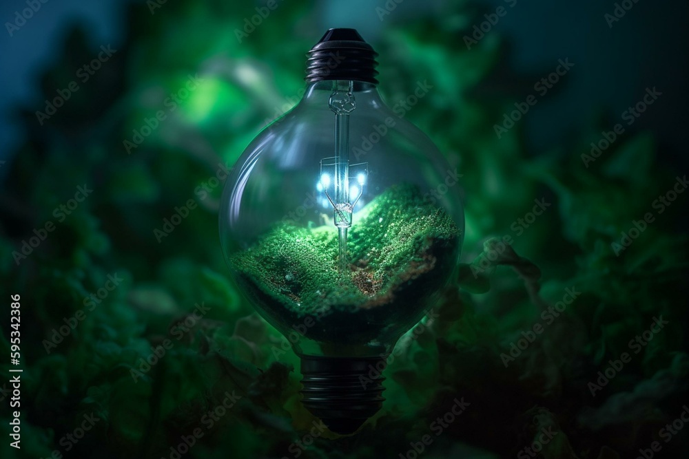 Green light bulb with eco city, renewable energy, carbon neutral ...