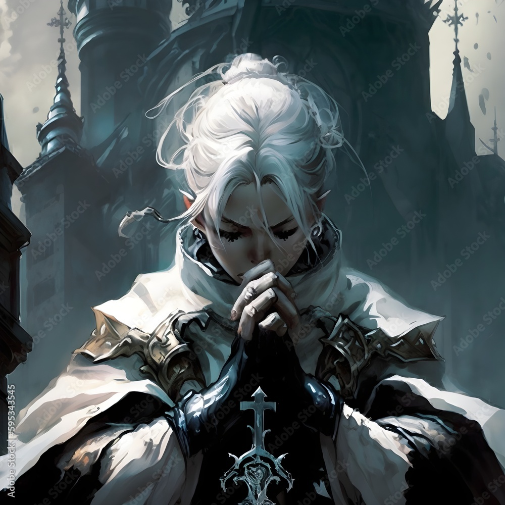 wide shot of a mysterious pale skinned female DnD cleric with white ...